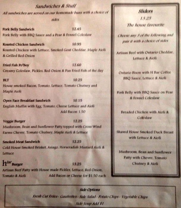 Menu at H Bar, Toronto, 859 Queen St W