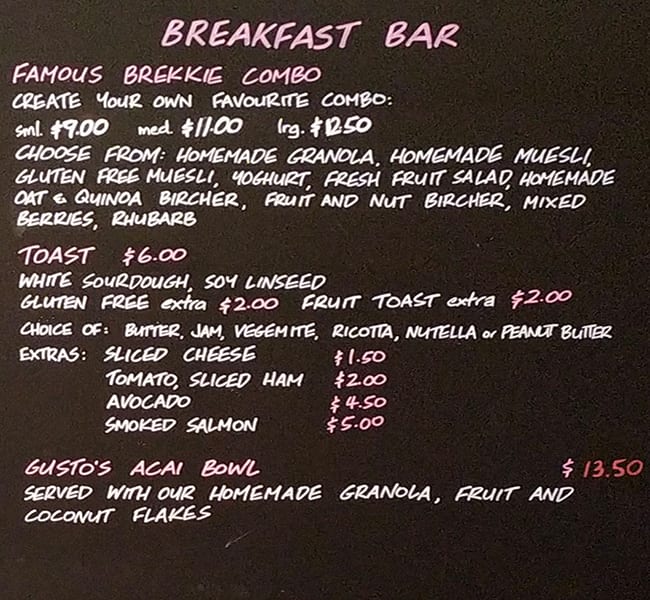 Menu at Gusto Espresso Bar, Coogee