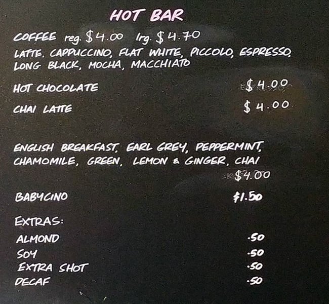 Menu at Gusto Espresso Bar, Coogee
