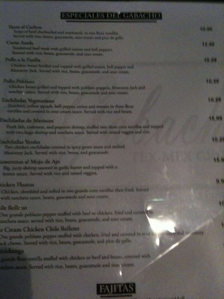 Menu at El Gabacho Tex-Mex Grill restaurant, Arlington