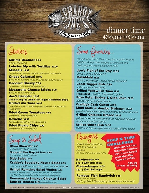 Menu at Crabby Joe's Deck & Grill pub & bar, Daytona Beach Shores