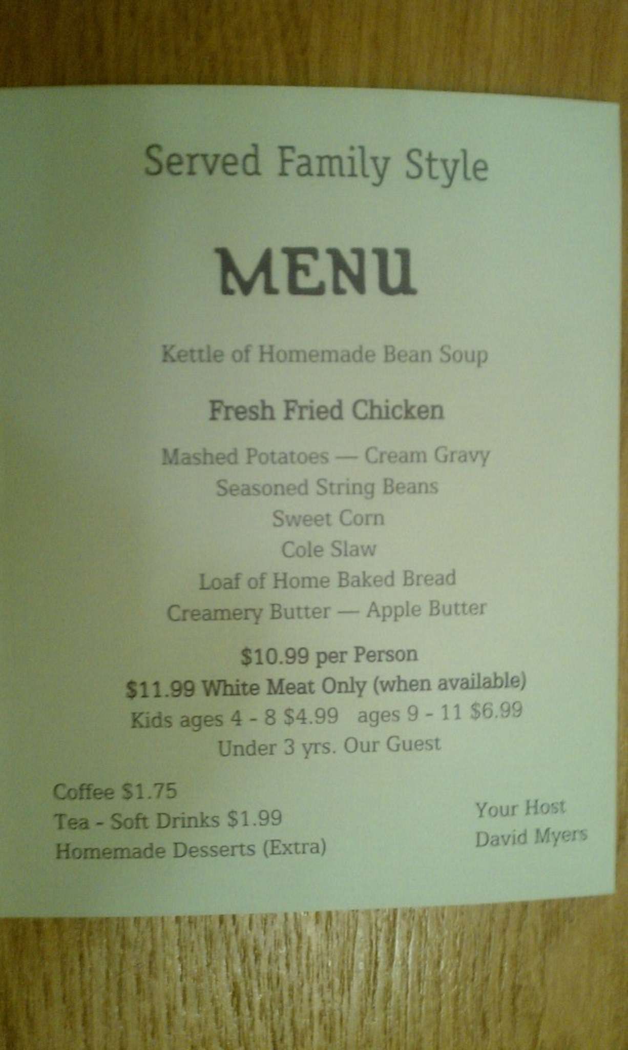 Menu at Monte Ne Inn Chicken restaurant, Rogers