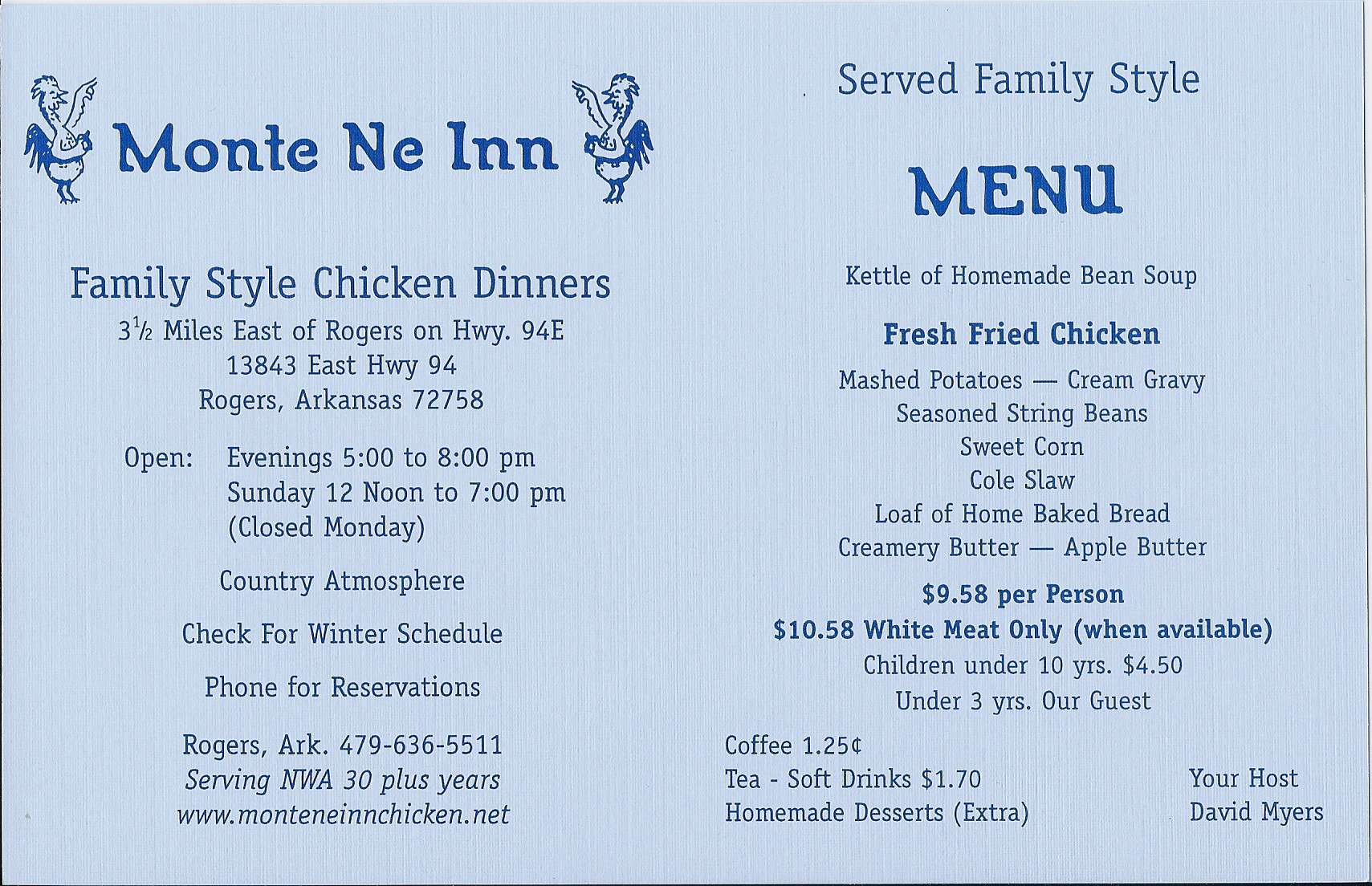 Menu at Monte Ne Inn Chicken restaurant, Rogers