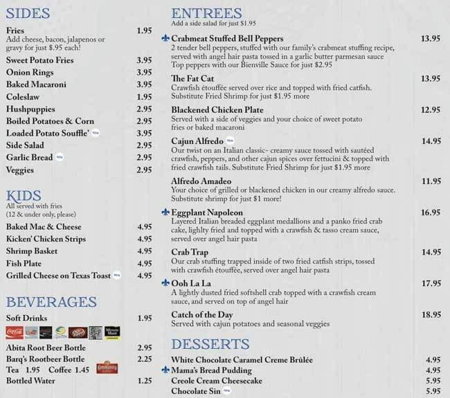 Menu at Fatty's Seafood Restaurant, Picayune