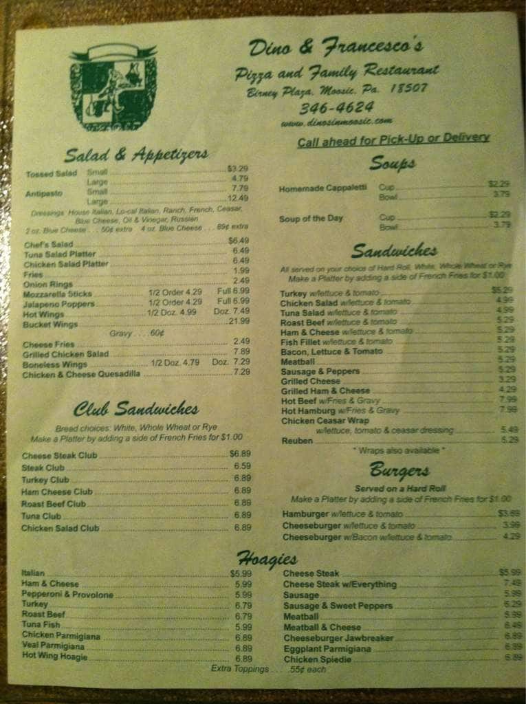 Menu at Dino & Francesco's Pizza-Pasta restaurant, Moosic