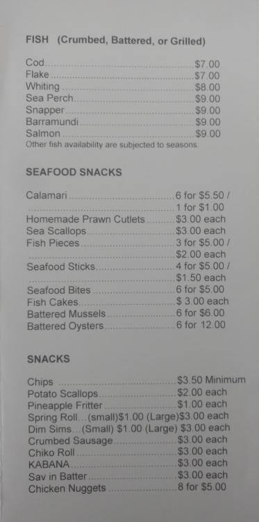 Menu at Seafood World restaurant, Wynnum West