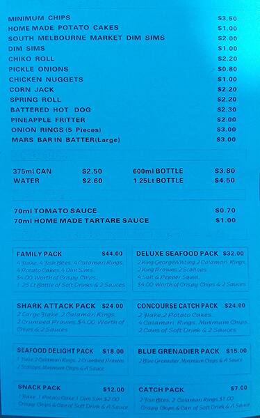 Menu at The Concourse Catch restaurant, Beaumaris