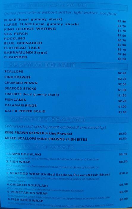 Menu at The Concourse Catch restaurant, Beaumaris
