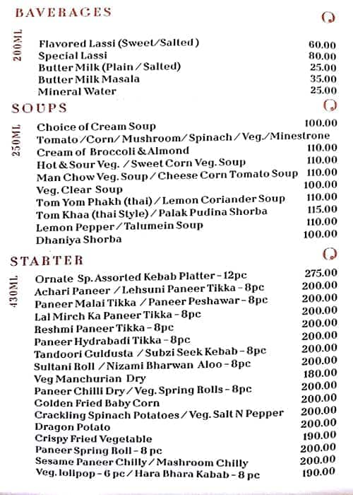 Menu of Ornate - Restaurant & Banquet, Danteshwar, Vadodara