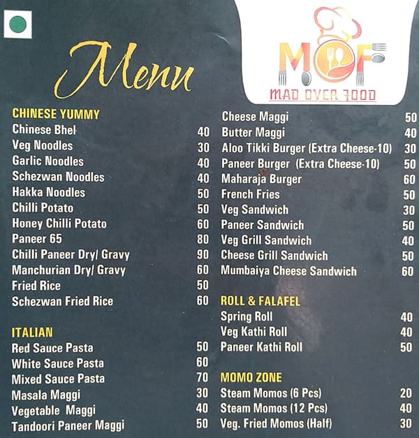 Menu at Mad Over Food, Jaipur