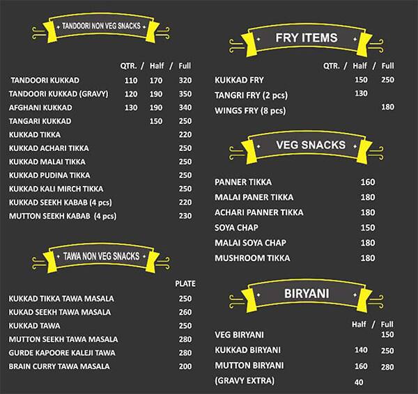 Menu of Shahi Kukkad, Shalimar Bagh, New Delhi