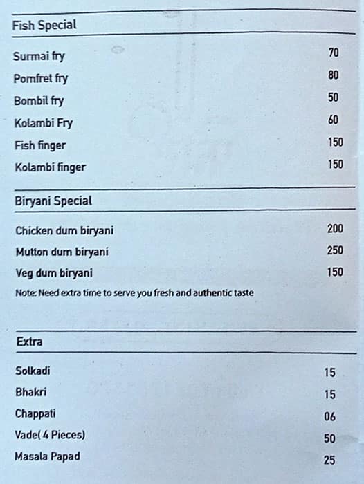 Menu of Fort Lunch House, Fort, Mumbai