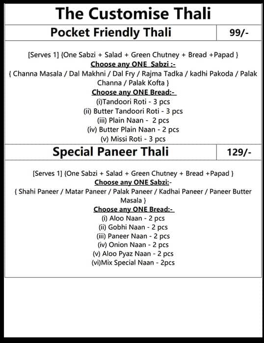 Menu of The Customise Thali, Lawrence Road, New Delhi