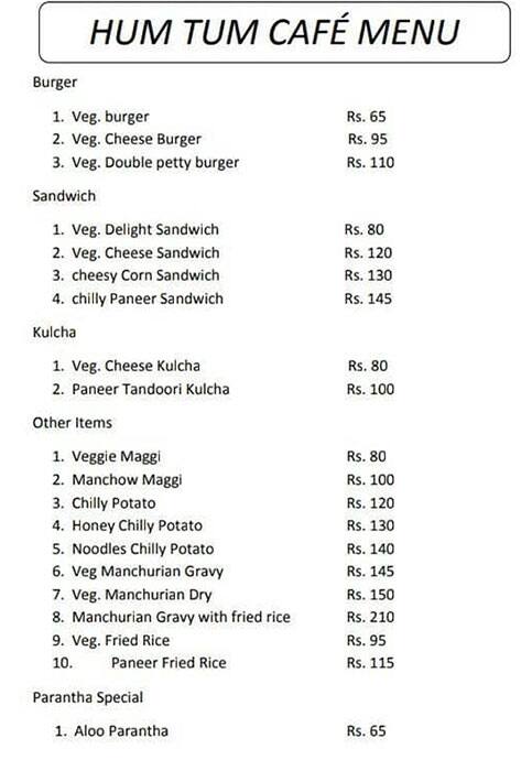 Menu at Hum Tum Cafe, Dehradun