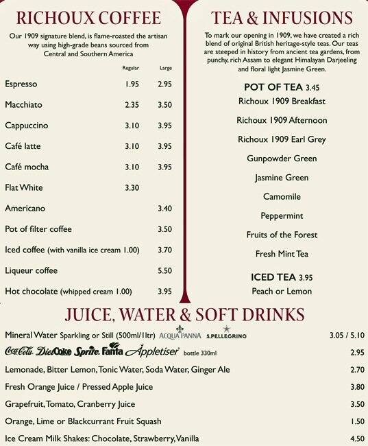 Carta del restaurante Richoux, Londres, 128 Gloucester Rd