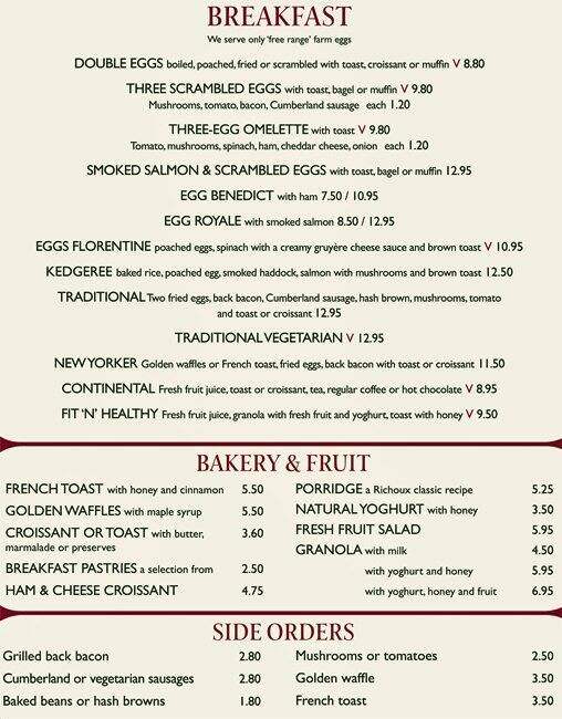 Carta del restaurante Richoux, Londres, 128 Gloucester Rd