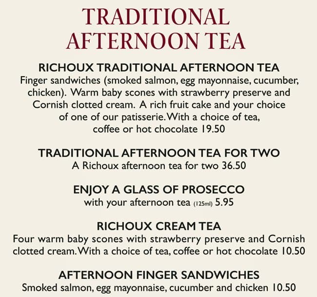 Carta del restaurante Richoux, Londres, 128 Gloucester Rd
