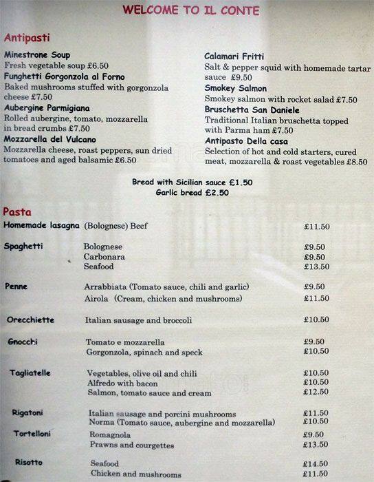Menu at Il Conte pizzeria, London