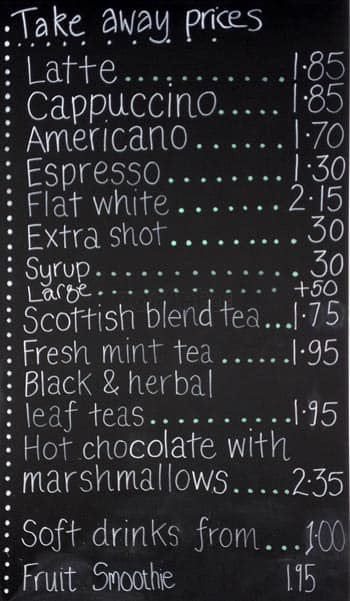 Menu at Mint Cafe, Edinburgh