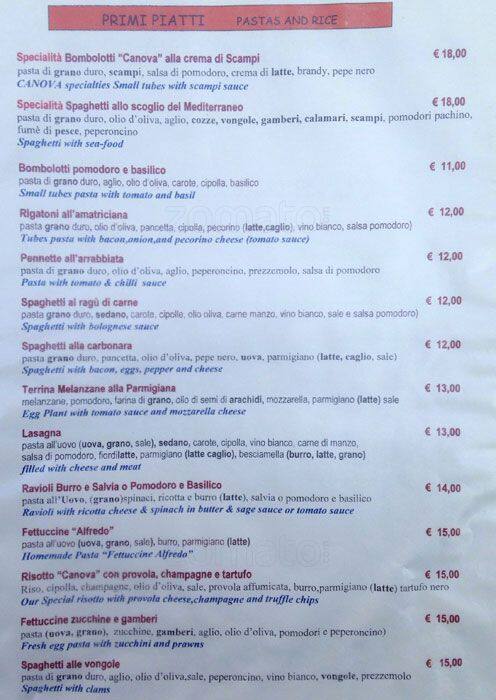 Speisekarte von Canova Piazza del Popolo restaurant, ROM