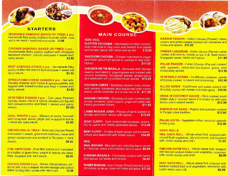 Menu at Chillies Indian Restaurant, Ottawa