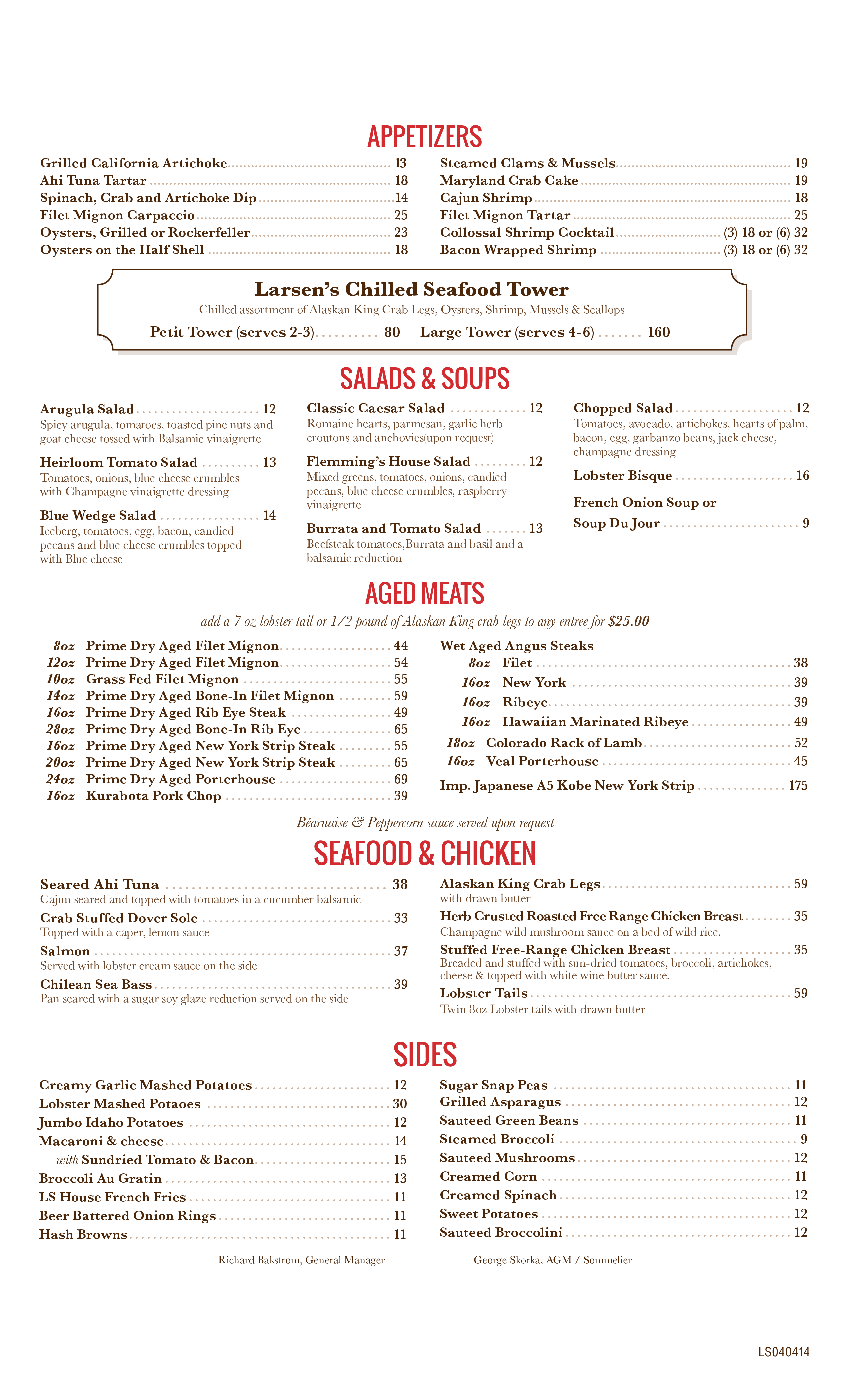 Menu at Larsen's Steakhouse, Santa Clarita