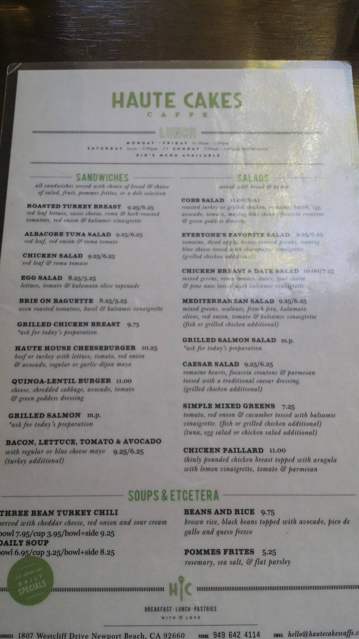 Menu at Haute Cakes Caffe cafe, Newport Beach