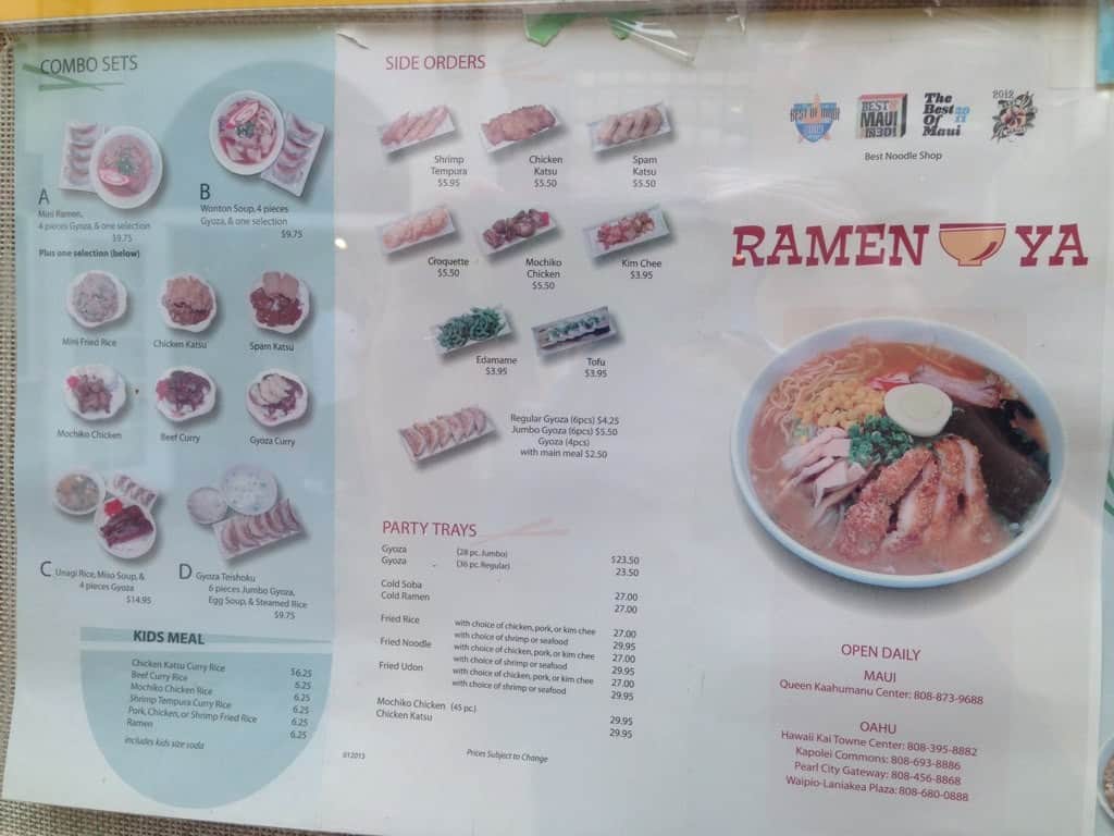 Menu at Ramen Ya restaurant, Kahului