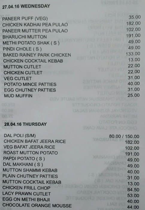 Menu at Sir Ratan Tata Institute - RTI, Mumbai