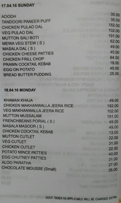 Menu at Sir Ratan Tata Institute - RTI, Mumbai