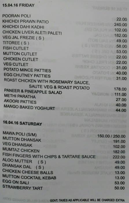 Menu at Sir Ratan Tata Institute - RTI, Mumbai