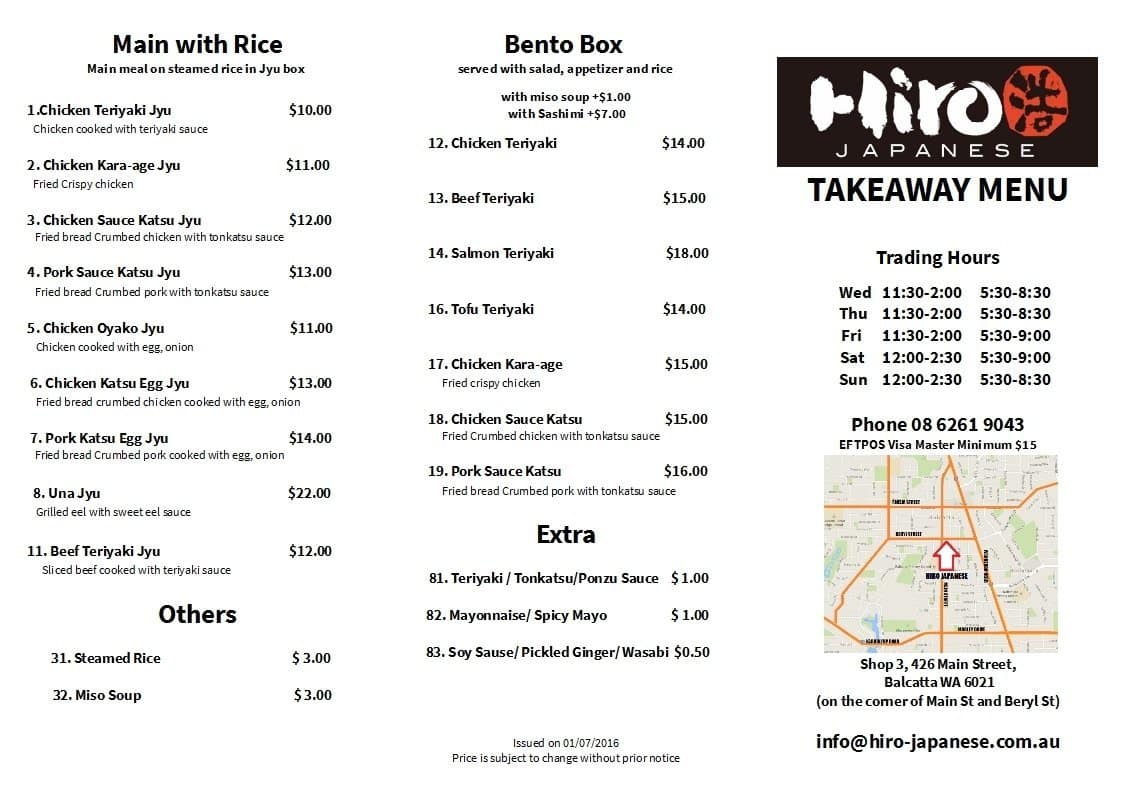 Menu at Hiro Japanese restaurant, Balcatta