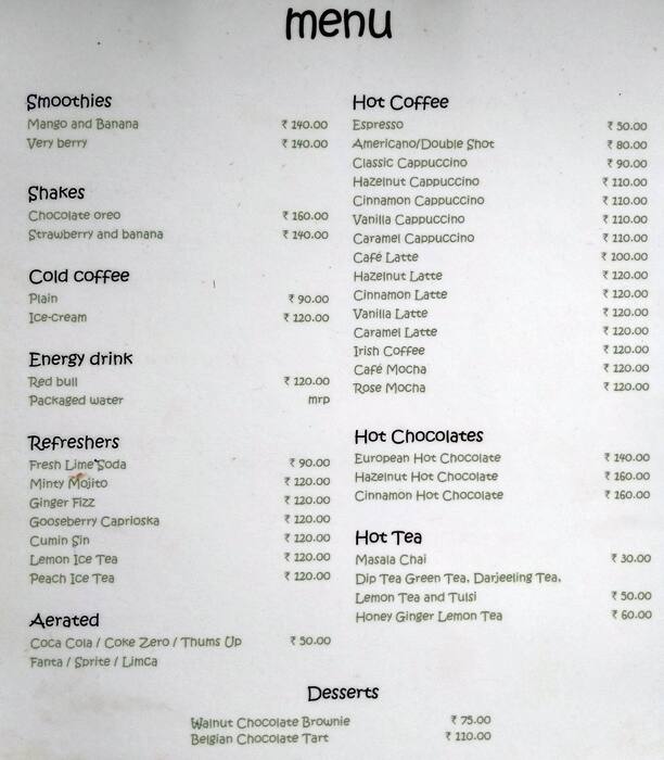 Menu at Cafe Ivy, Mussoorie
