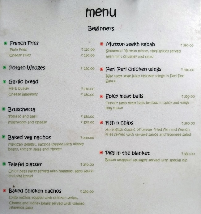 Menu at Cafe Ivy, Mussoorie