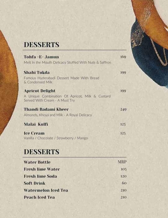 Menu at Tosh-e-daan, Hyderabad