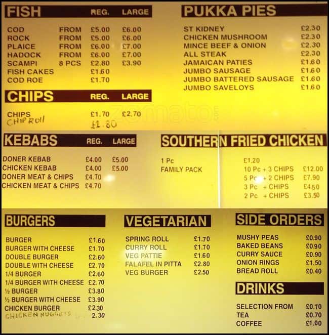 Menu at Grove Fish Bar, London