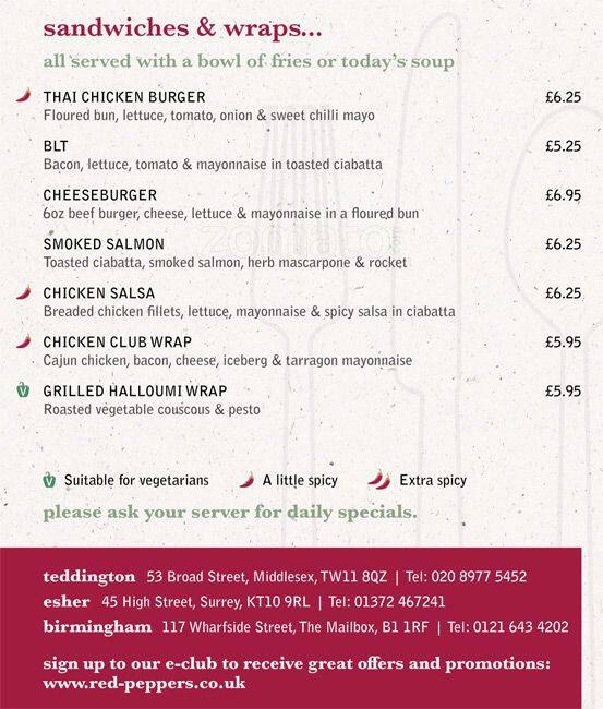 Menu at Red Peppers restaurant, Teddington, 53 Broad St