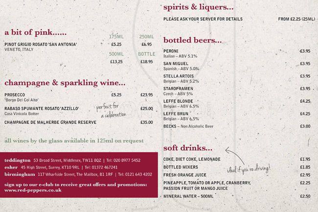 Menu at Red Peppers restaurant, Teddington, 53 Broad St
