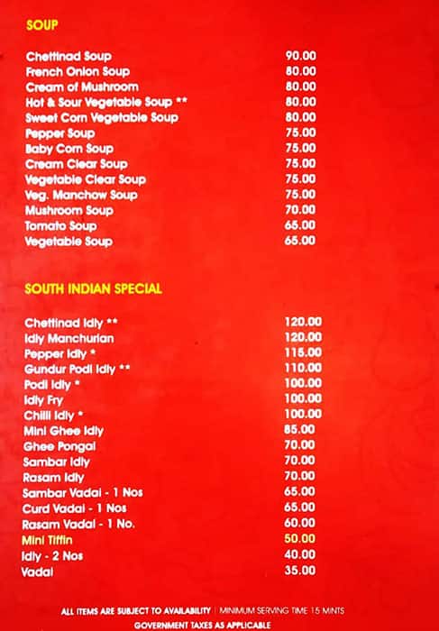 Menu of Vasanta Bhavan, Anna Nagar East, Chennai