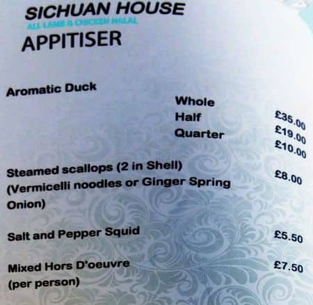 Menu at Sichuan House restaurant, Glasgow