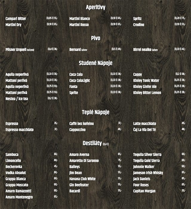 Menu at L'Osteria restaurant, Prague, Anny Letenské 10