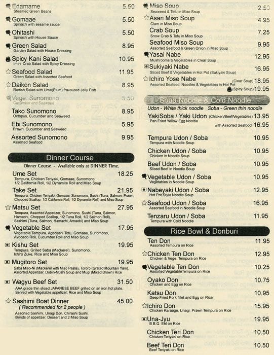 Menu at Ichiro Japanese Restaurant, Richmond