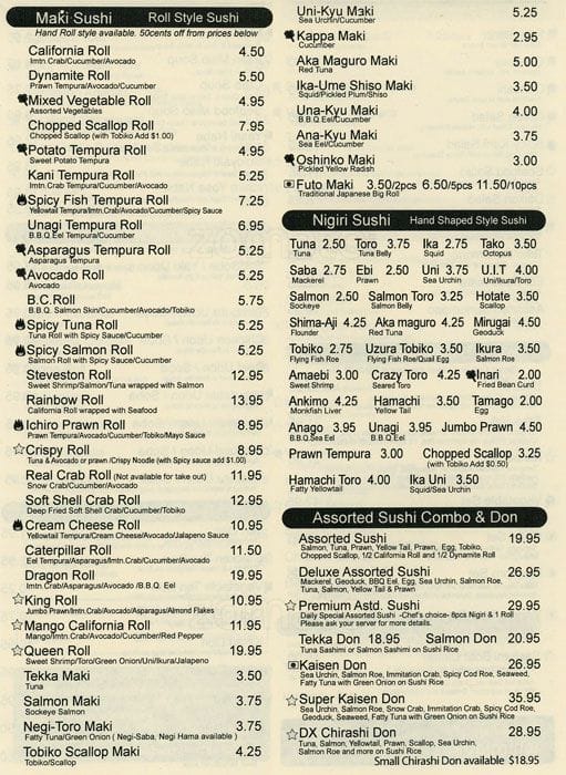 Menu at Ichiro Japanese Restaurant, Richmond