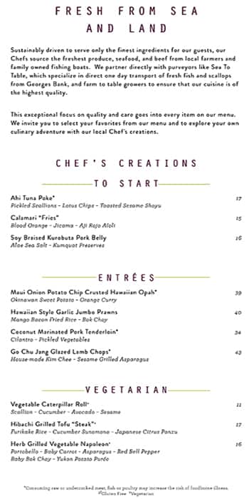 Menu at Roy's Restaurant, San Francisco