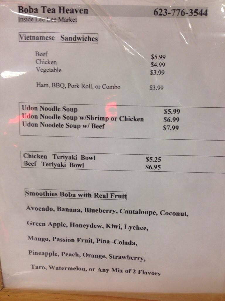 Menu at Boba Tea Heaven restaurant, Peoria