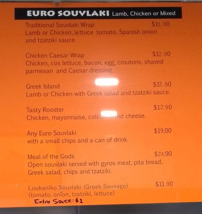 Menu at Euros Souvlaki and Charcoal Chicken fast food, Murrumbeena, 233 ...