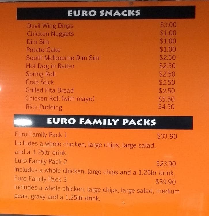 Menu at Euros Souvlaki and Charcoal Chicken fast food, Murrumbeena, 233 ...