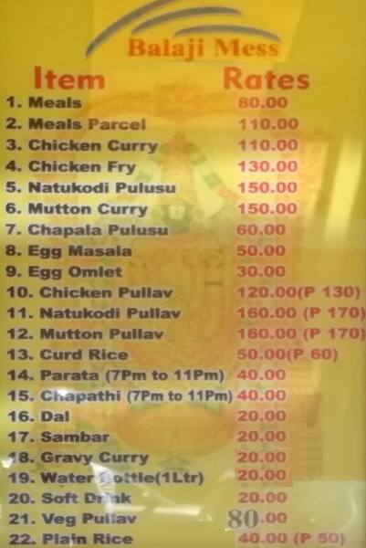 Menu at Balaji Mess, Hyderabad, Opp Kamineni Hospital