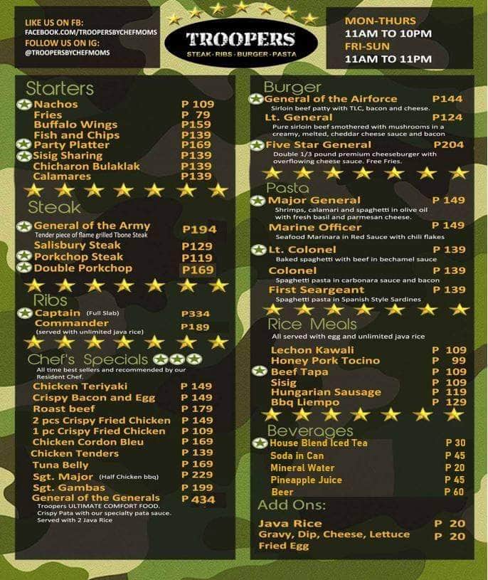 Menu at Troopers by Chef Moms restaurant, Marikina