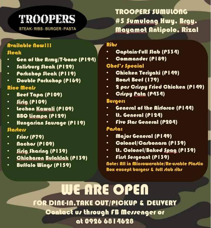Menu at Troopers by Chef Moms restaurant, Marikina